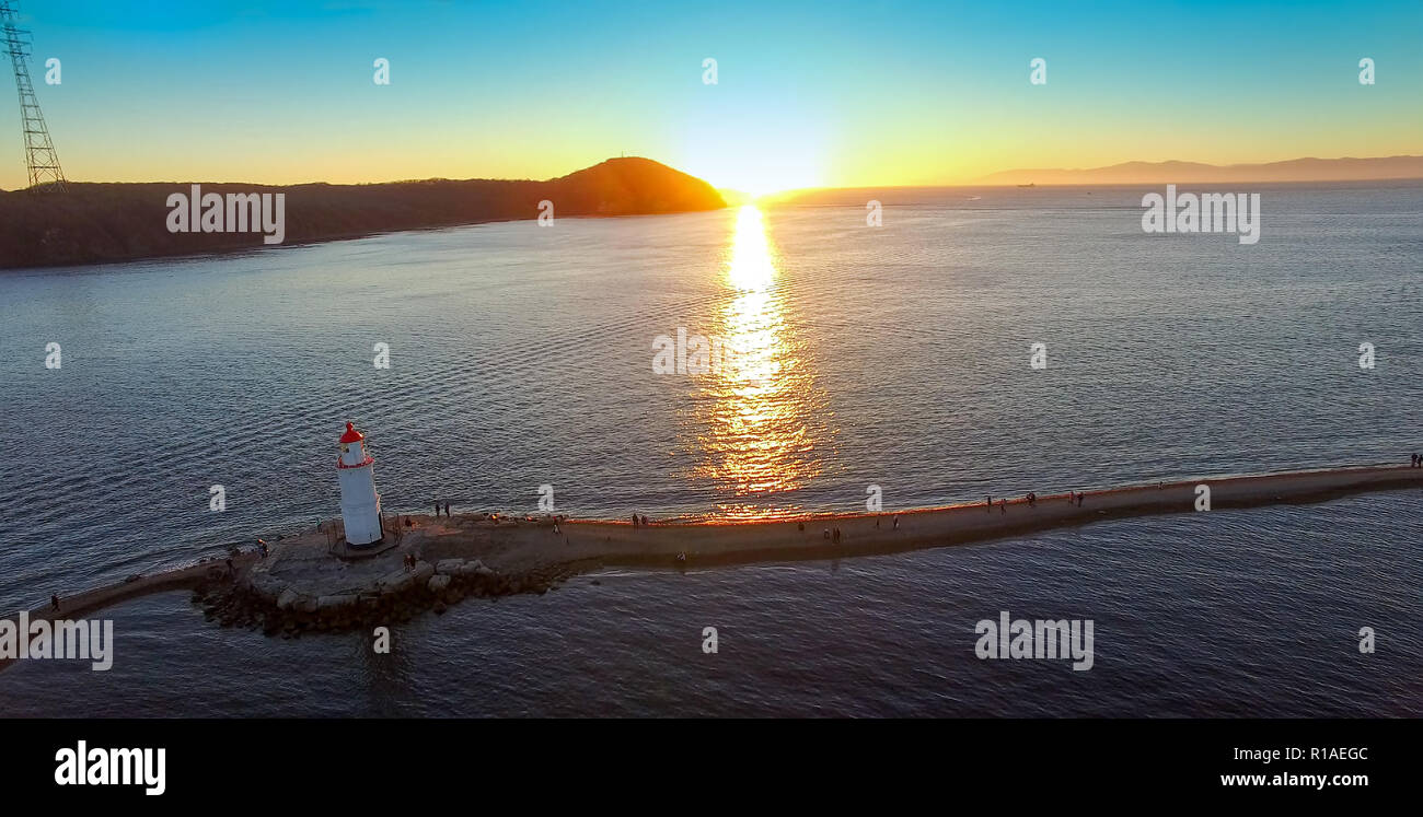 Aerial view of the seascape with a lighthouse on the horizon Stock ...