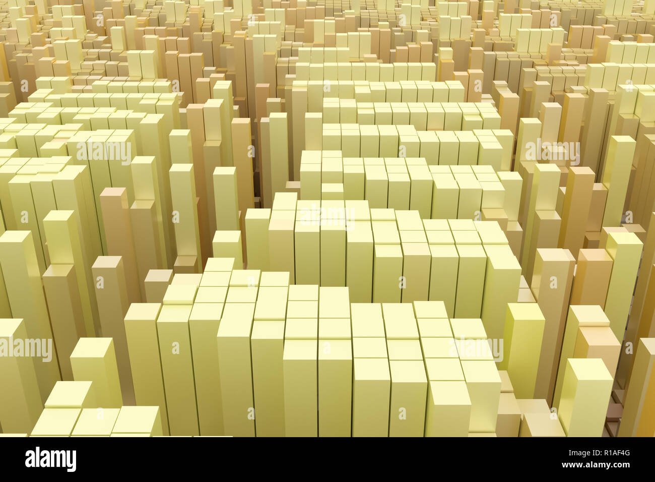 Gold color 3D rendering. Blocks, geometric structure, shape composition ...