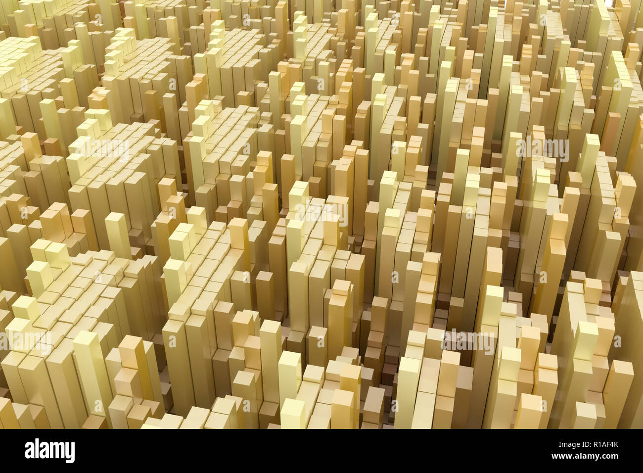 Gold color 3D rendering. Abstract blocks geometric structure shape ...
