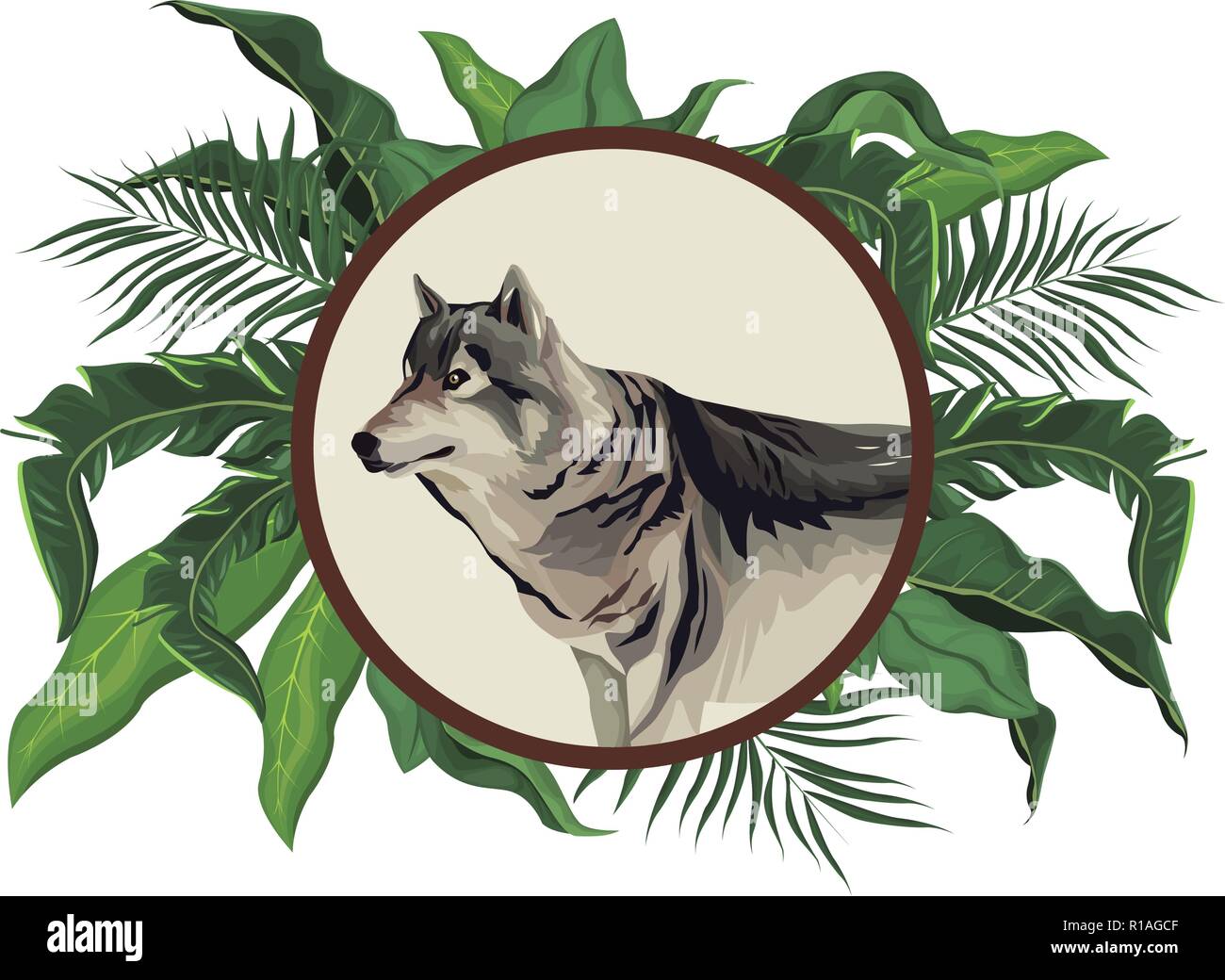 Wolf wild animal round icon with leaves around vector illustration ...