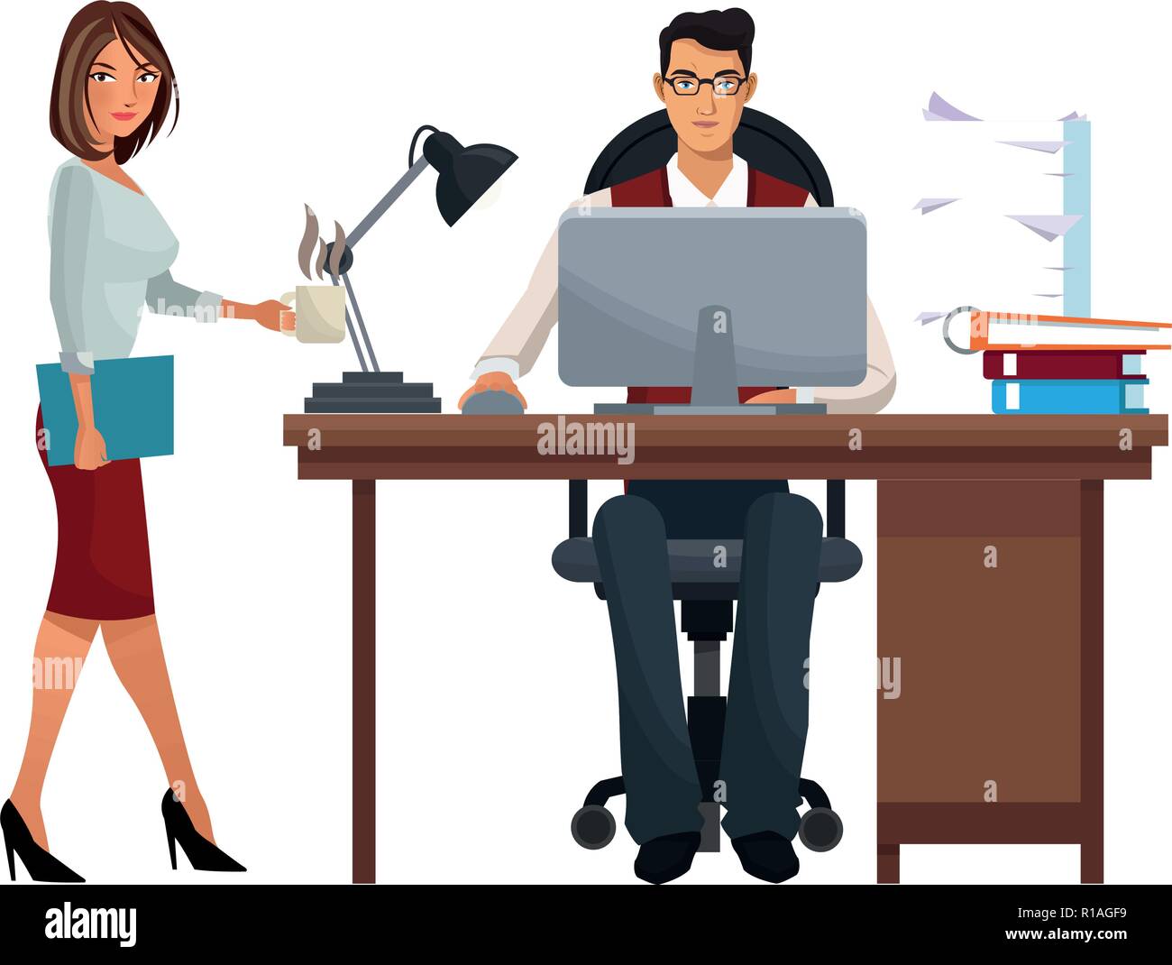 Businessman working in desk with computer and secretary holding cofee ...