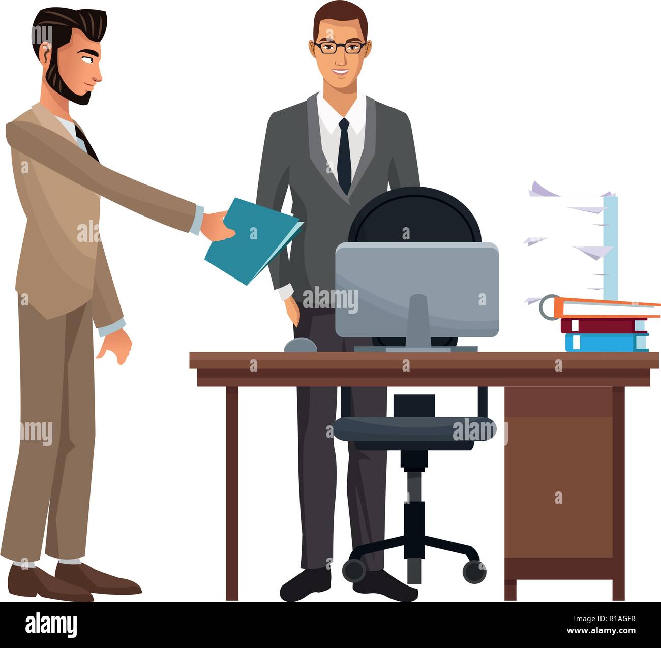 Businessmen working on desk with folders and computer vector ...