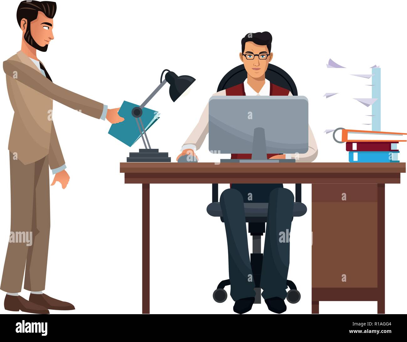 Businessmen working on desk with folders and computer vector ...