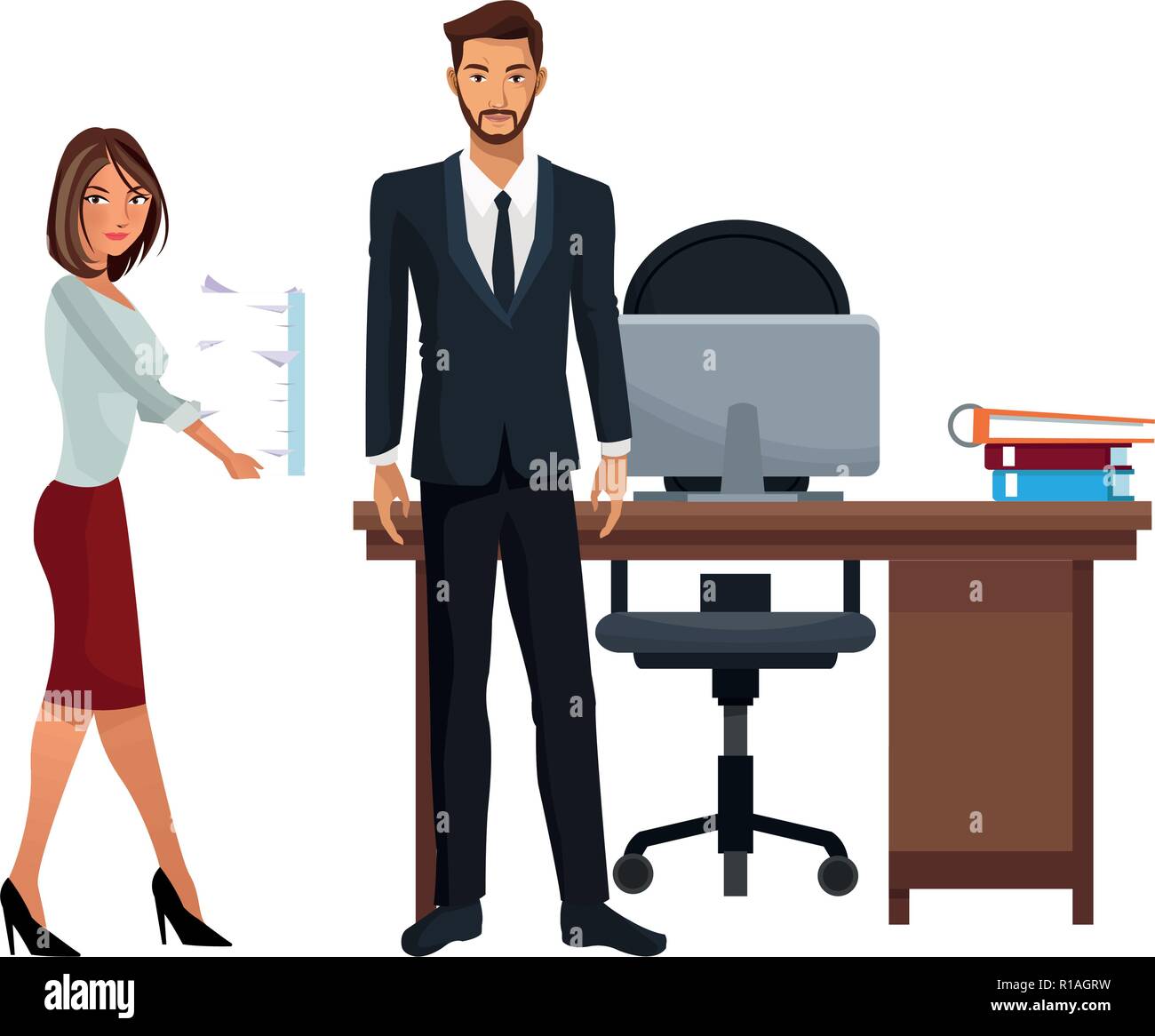 Secretary holding sheets and business in desk with computer vector ...
