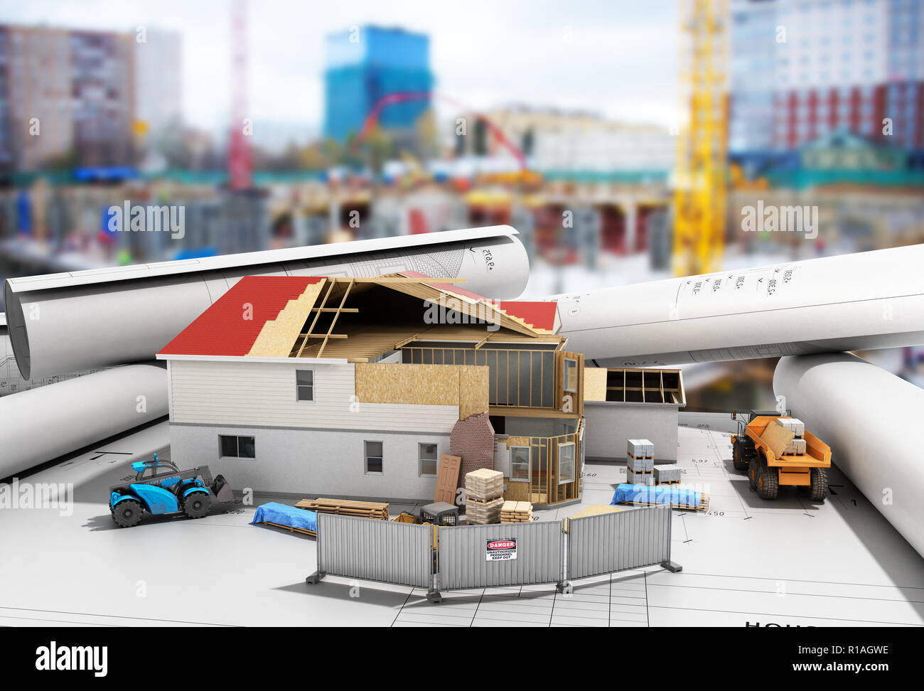 construction concept House in building process Three-dimensional image ...