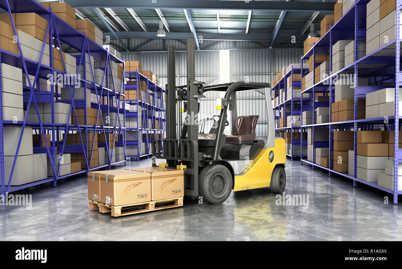 Concept of warehouse The forklift in the big warehouse delivery ...