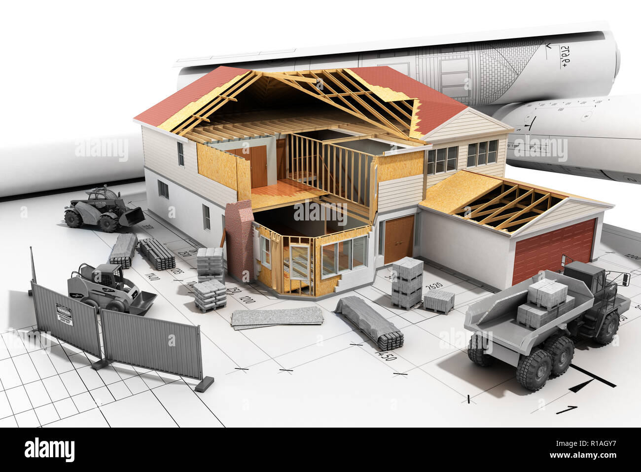 construction concept House in building process Three-dimensional image ...