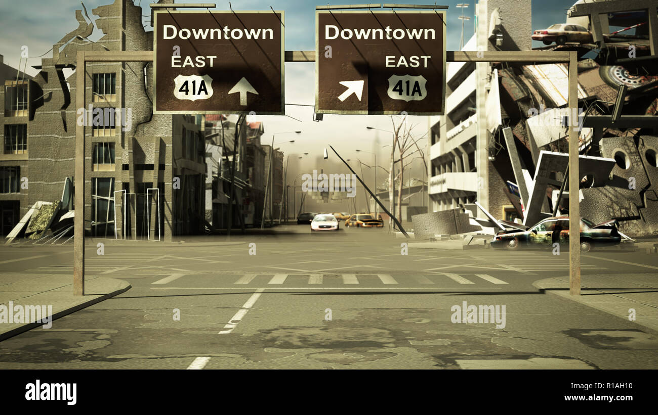 ruined city background in post apocalypse style 3d render Stock Photo ...