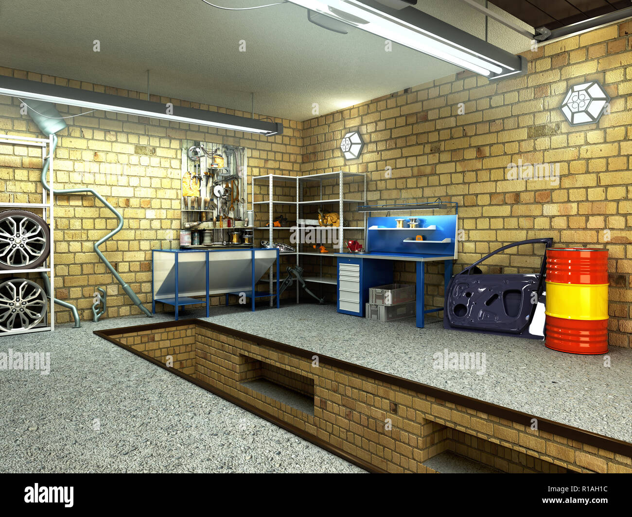 View of a Garage 3D Interior with Opened Roller Door 3D Rendering Stock ...
