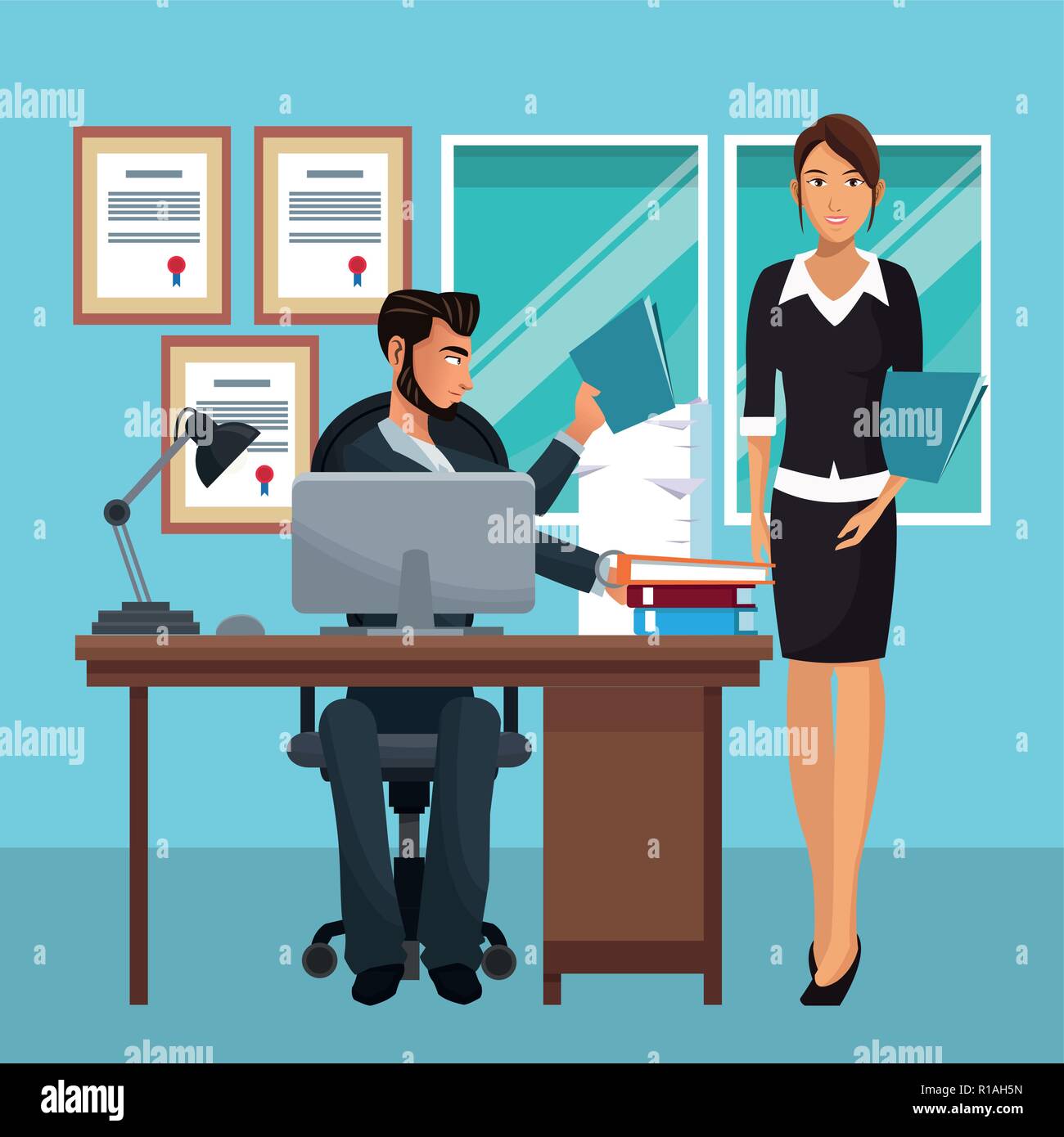 Businessman and secretary working on desk with folders inside office ...