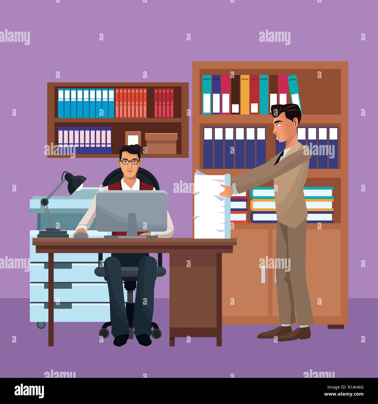 Businessmen working with computer and documents on desk inside office ...