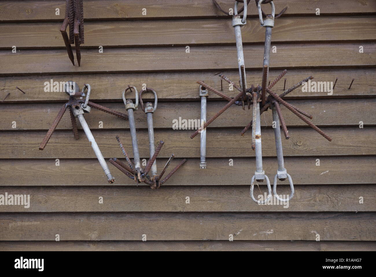 fishing boat anchors lifebuoys rod hooks float fishing Stock Photo - Alamy