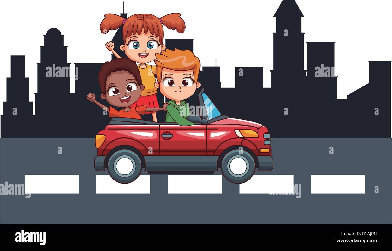 three two smiling kids driving car on highway over cityscape vector ...