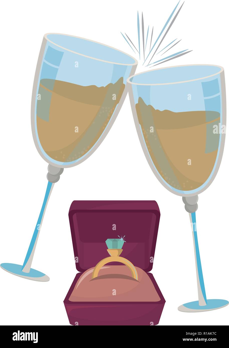 Wedding ring box and champagne cups cartoons vector illustration ...
