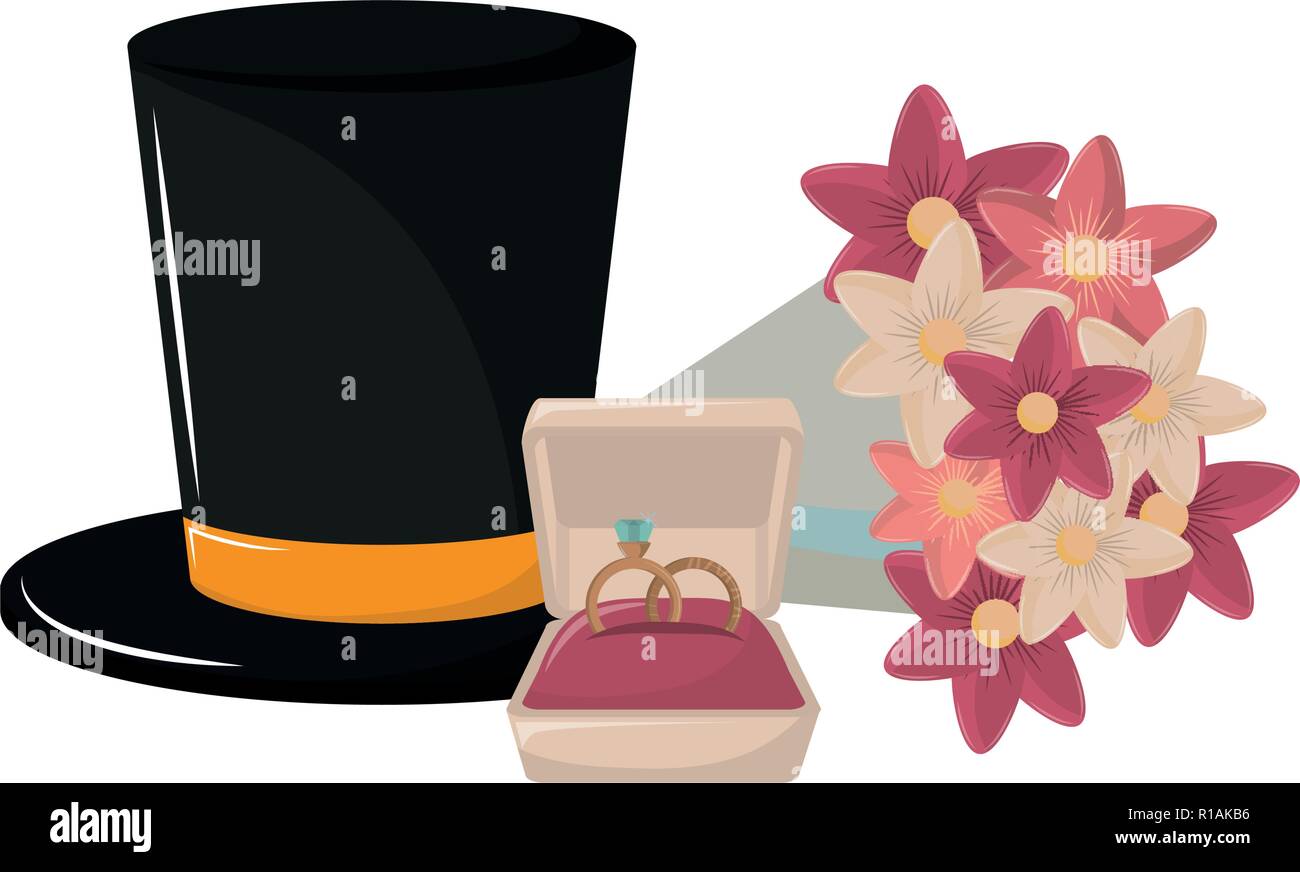 Wedding hat and flowers with ring box cartoons vector illustration ...