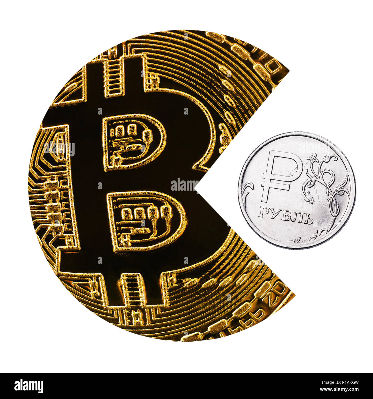Bitcoin eats ruble isolated on white background Stock Photo - Alamy