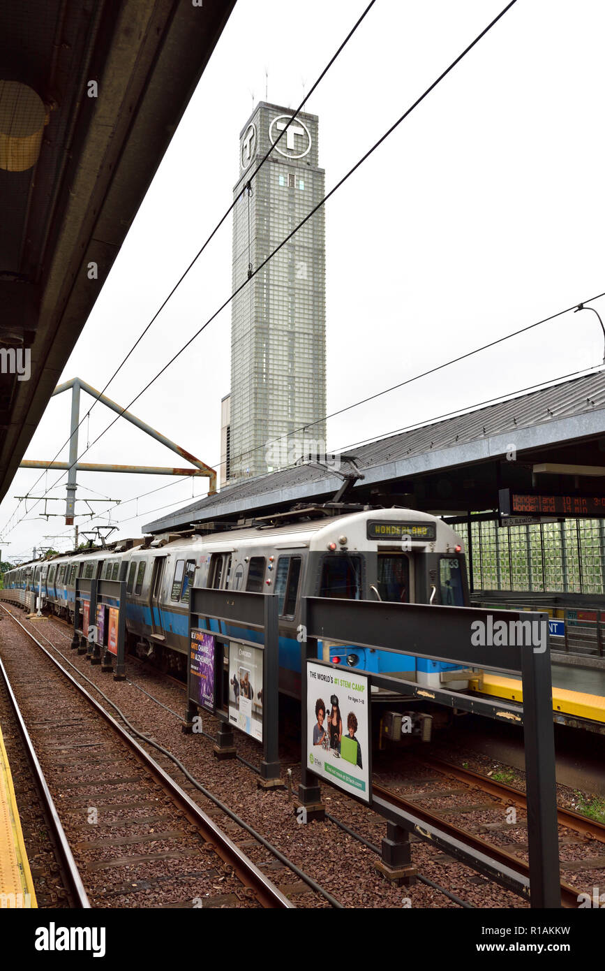 Mass transit line Beachmont Blue Line station on MBTA or the “T” subway ...