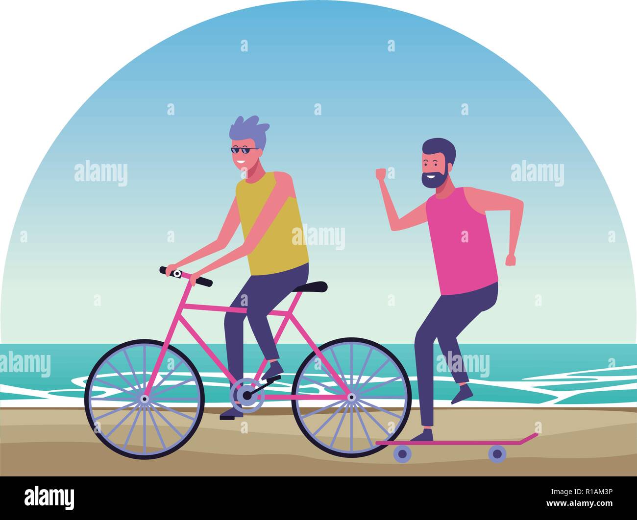 Friends riding a bike and skateboard at beach cartoons vector ...