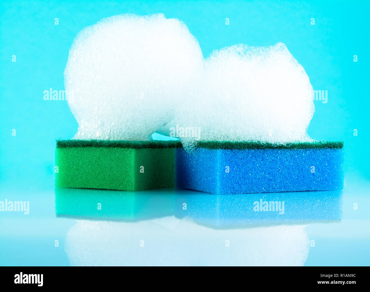 sponge, foam, bubbles, close-up, texture, light blue background Stock ...