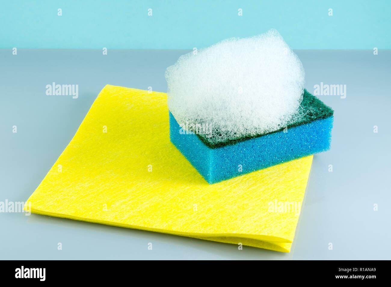 sponge, foam, bubbles, close-up, texture, light blue background Stock ...