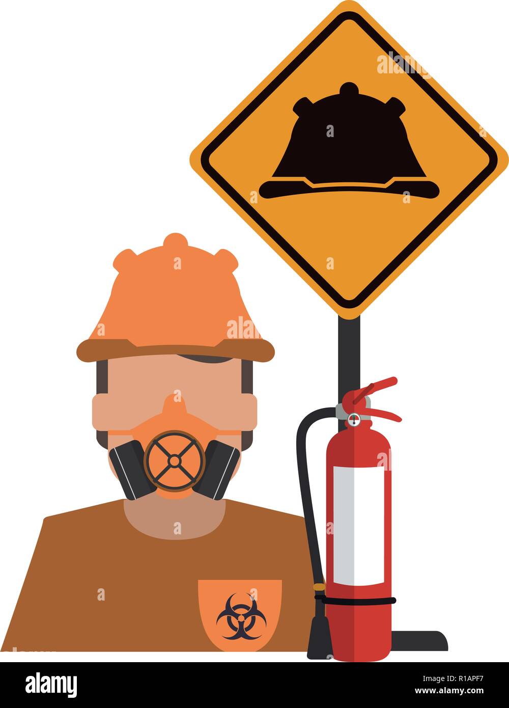 Worker with construction tools and road sign vector illustration ...