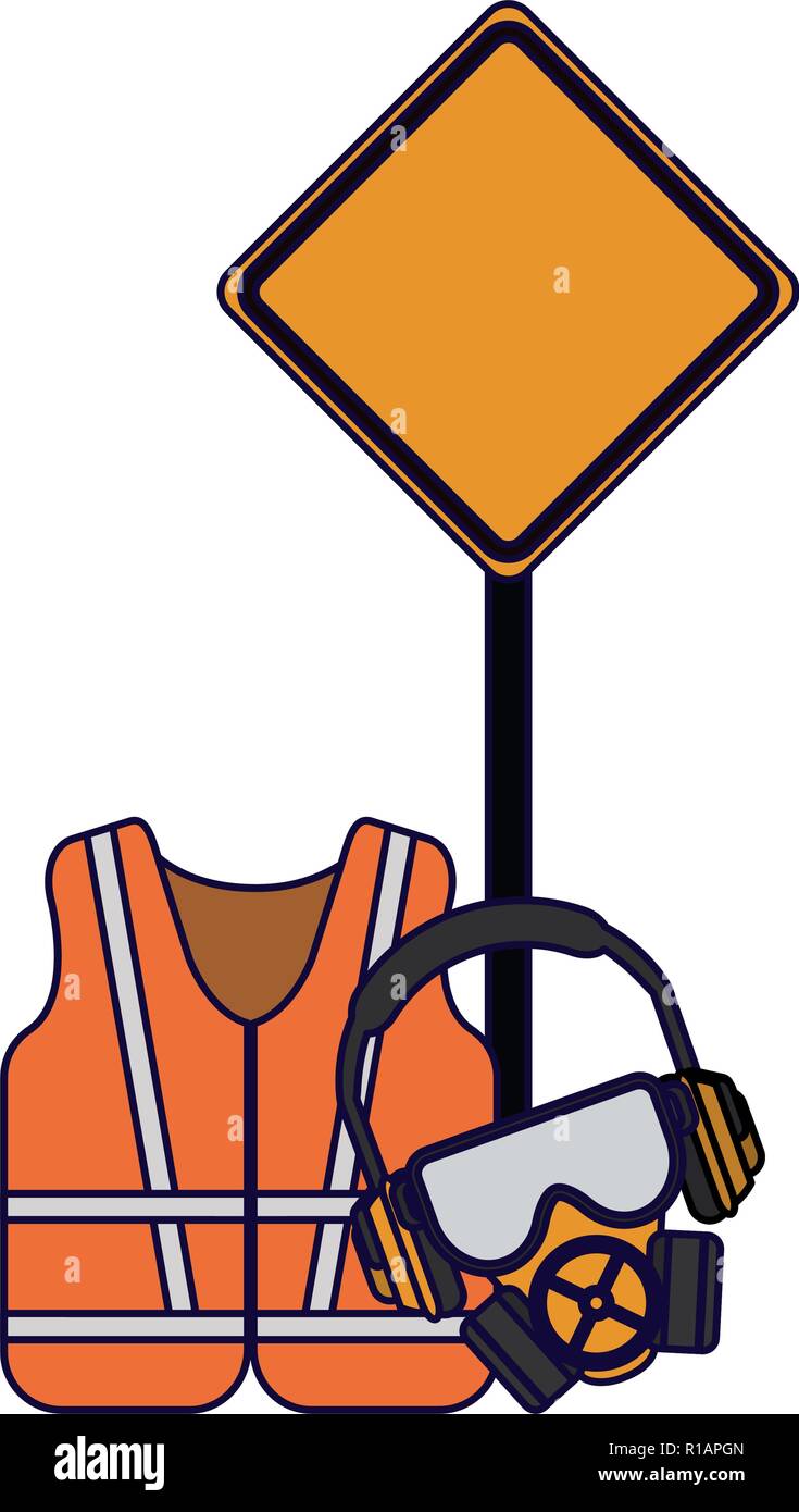 Construction road sign with vest and dust mask vector illustration ...