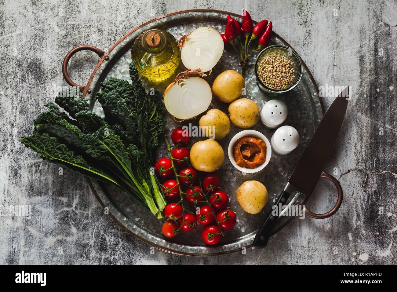 background of food ingredients on a tray. healthy food. full vegetable ...