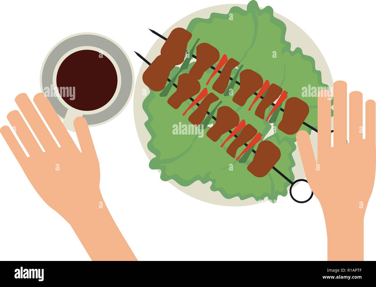 Meat stick on dish with hands and drink topview vector illustration ...