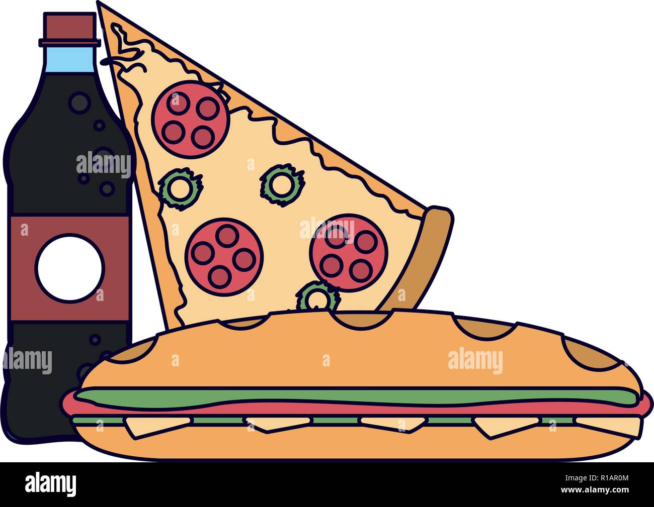 Soda bottle and pizza with sandwich vector illustration graphic design ...