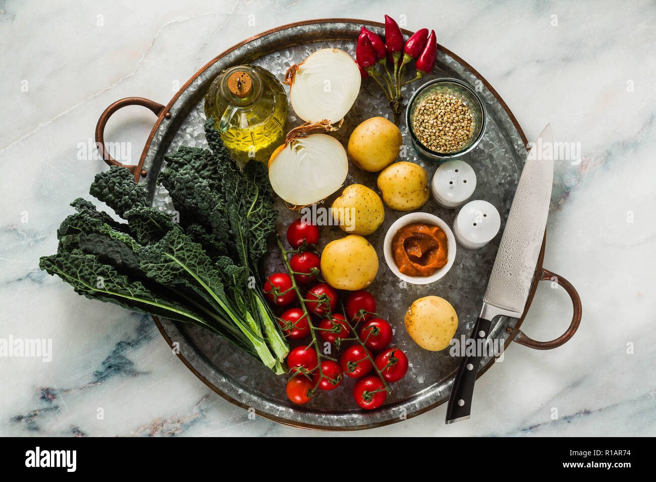 background of food ingredients on a tray. healthy food. full vegetable ...