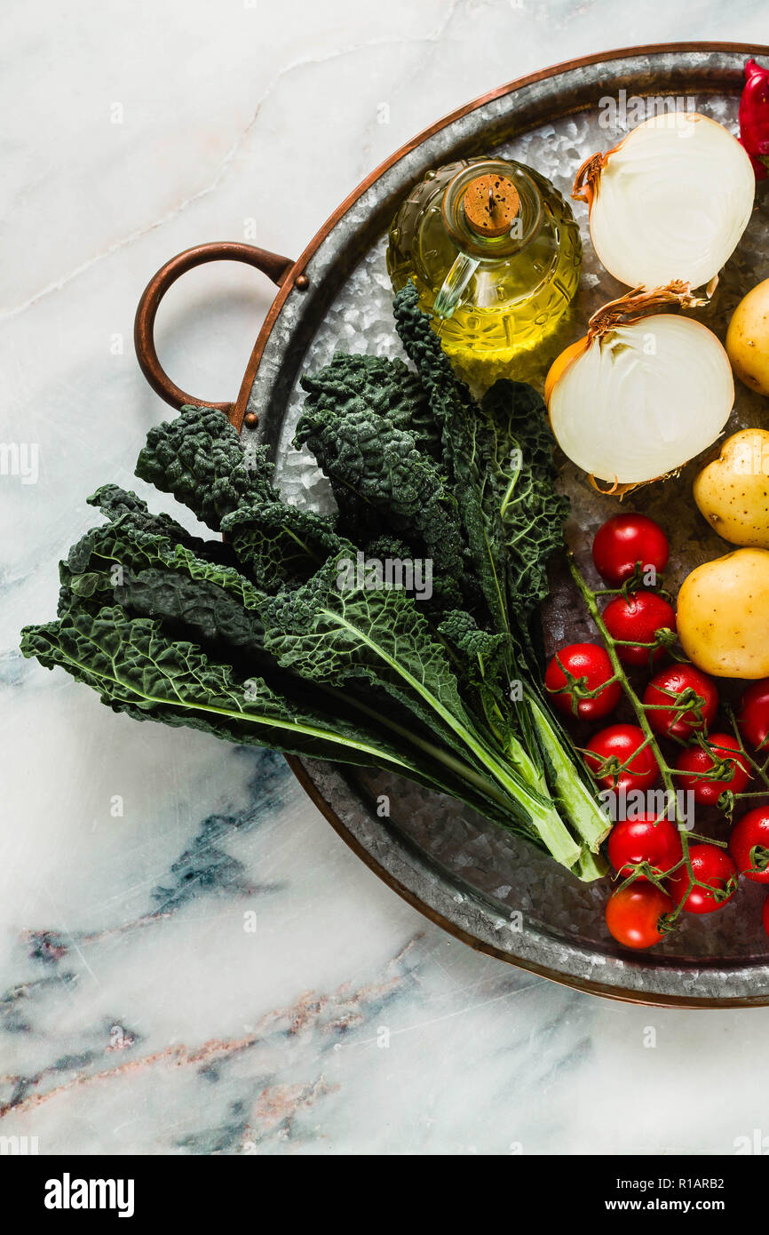 background of food ingredients on a tray. healthy food. full vegetable ...