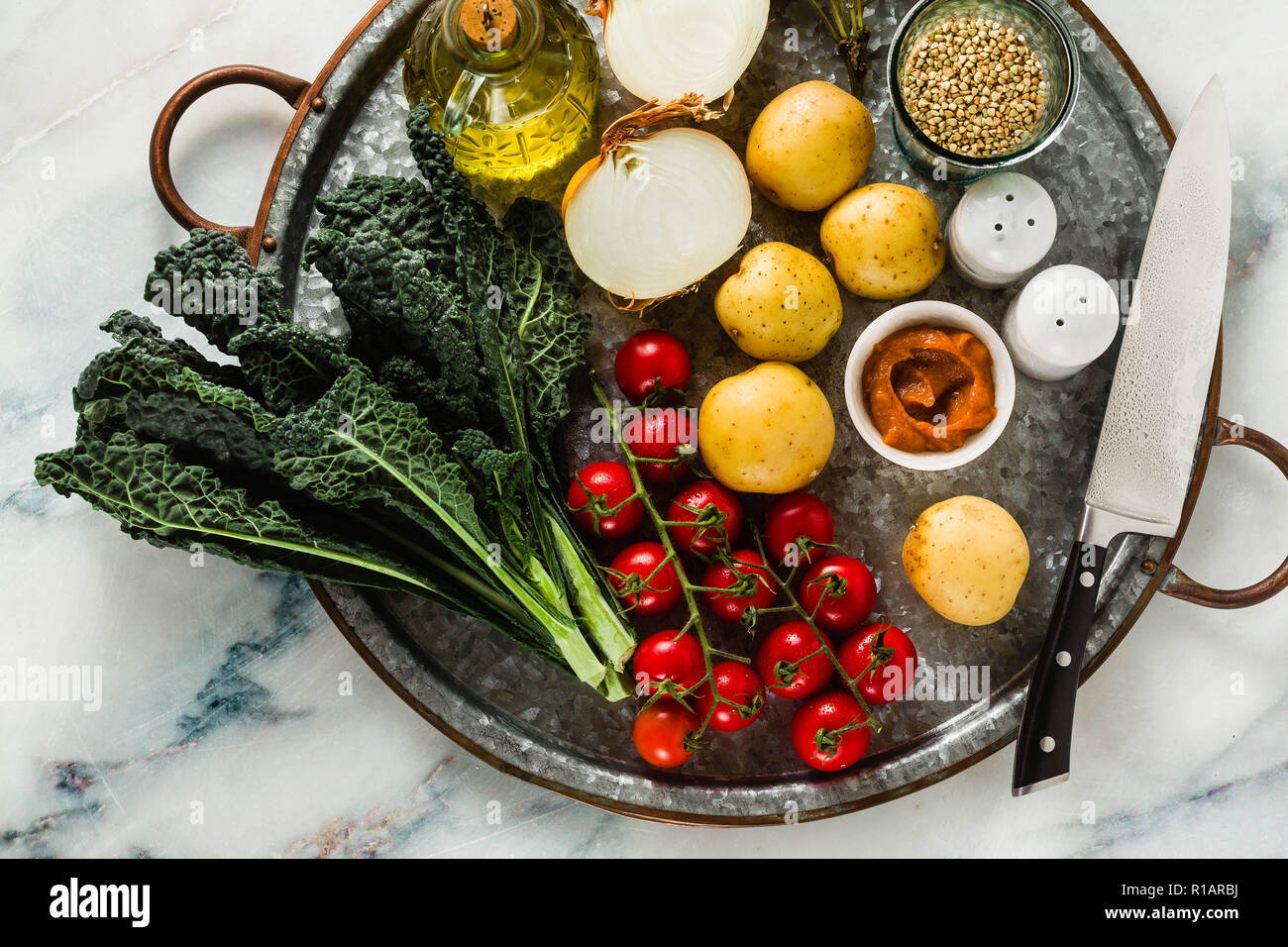 background of food ingredients on a tray. healthy food. full vegetable ...