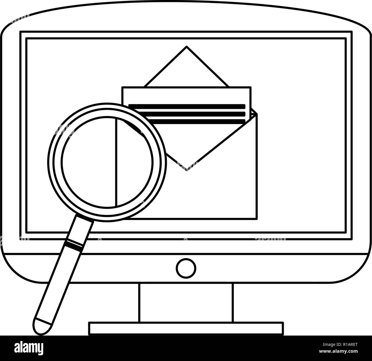 Sending email from computer with magnifyng glass vector illustration ...