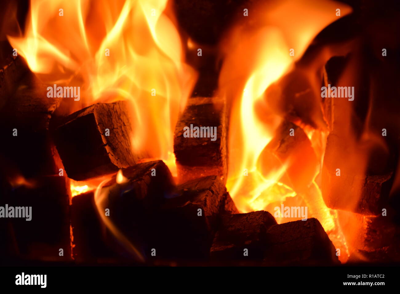 Close up of Brown Coal Briquettes on fire with red yellow flames inside ...
