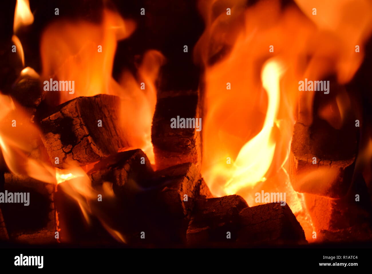 Close up of Brown Coal Briquettes on fire with red yellow flames inside ...