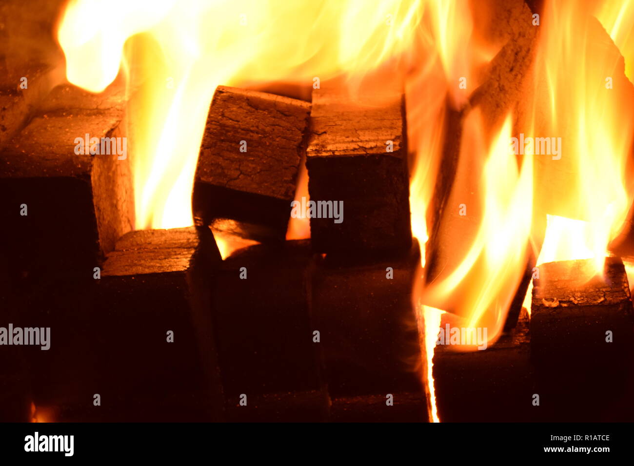 Close up of Brown Coal Briquettes on fire with red yellow flames inside ...
