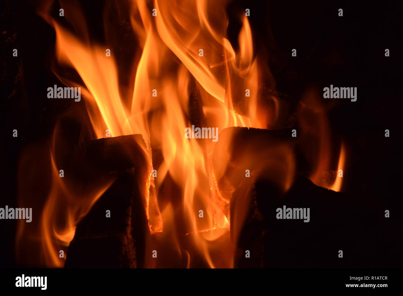 Close up of Brown Coal Briquettes on fire with red yellow flames inside ...