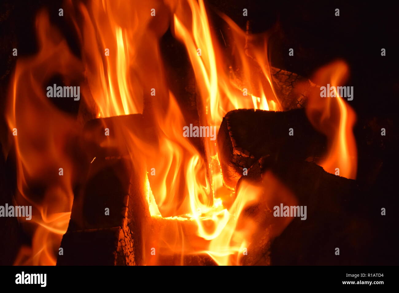 Close up of Brown Coal Briquettes on fire with red yellow flames inside ...