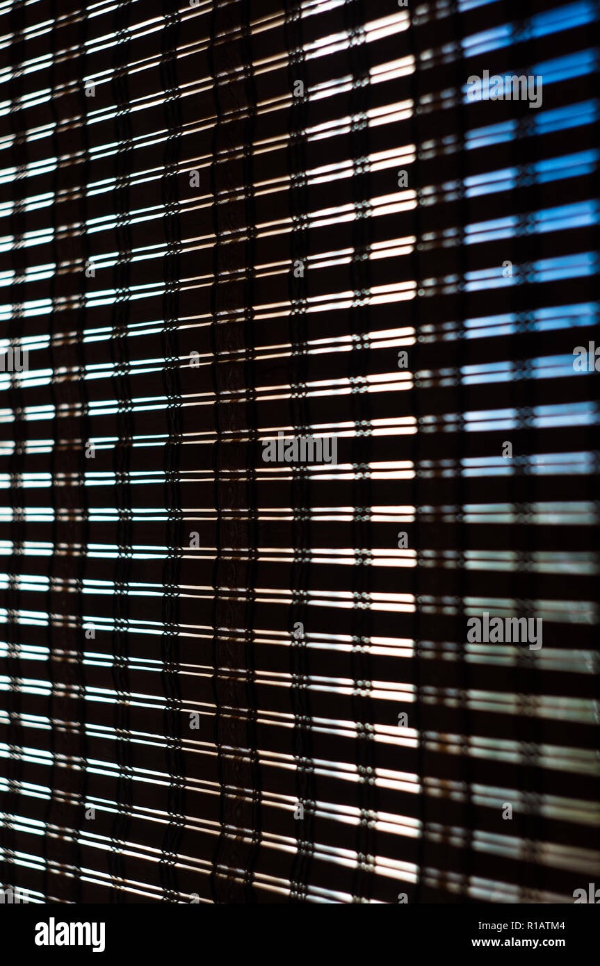 The interior of the home, sunlight shining through the bamboo blinds at ...