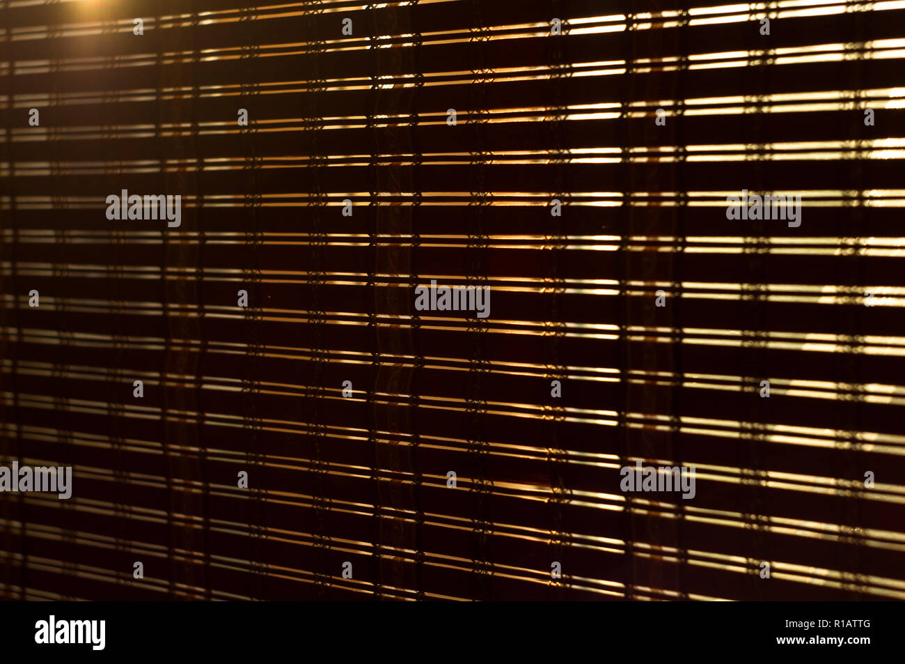 The interior of the home, sunlight shining through the bamboo blinds at ...