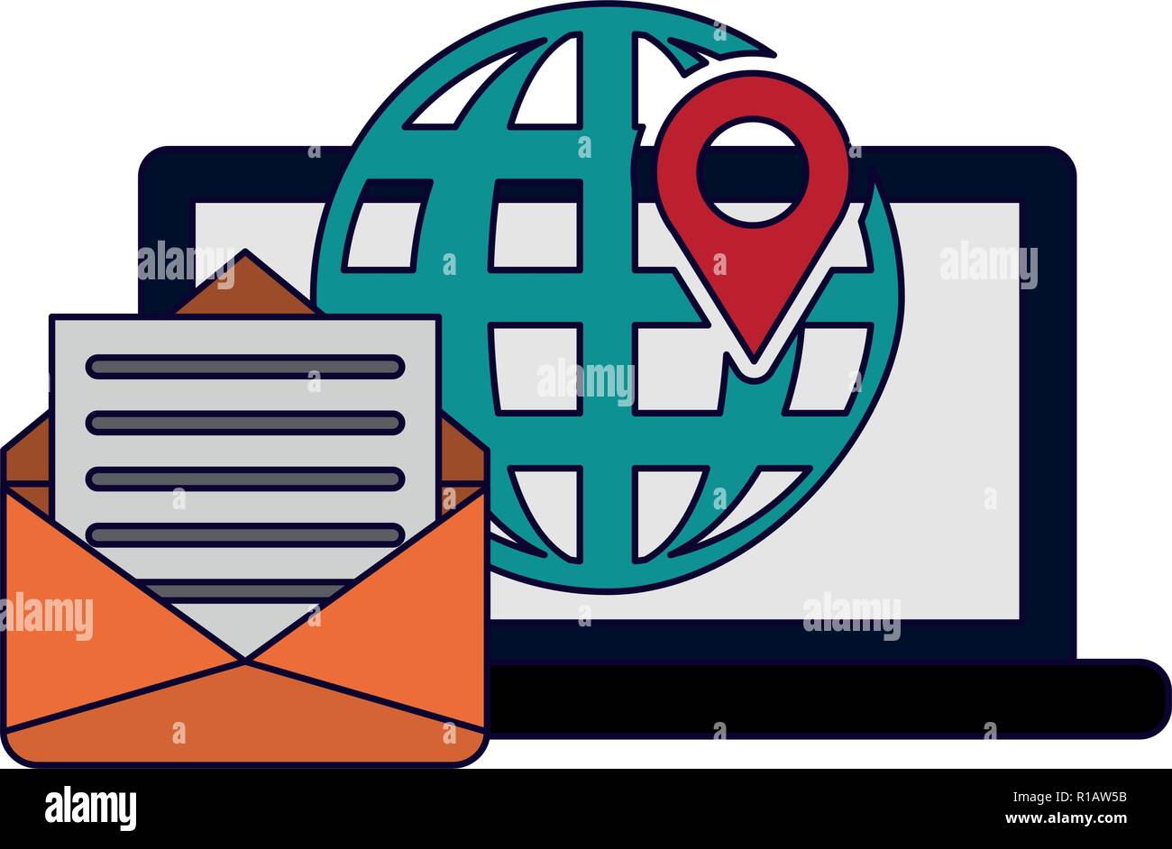 Laptop sending email and navigating on internet vector illustration ...