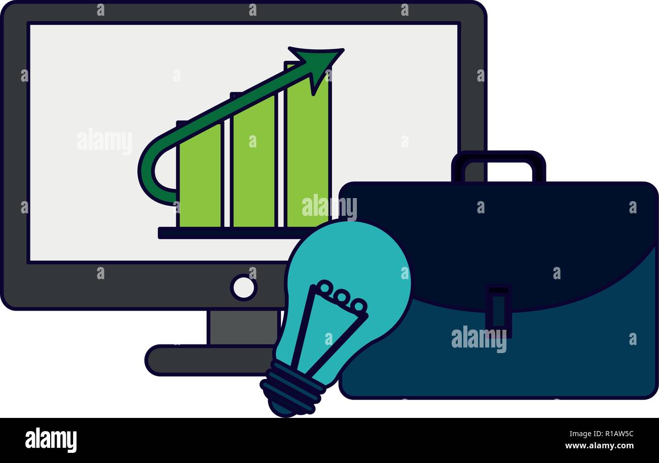 Profit graph on computer screen with briefcase and idea vector ...