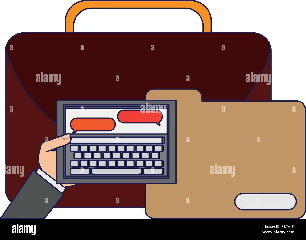 Briefcase and folder with smartphone chat blue lines vector ...