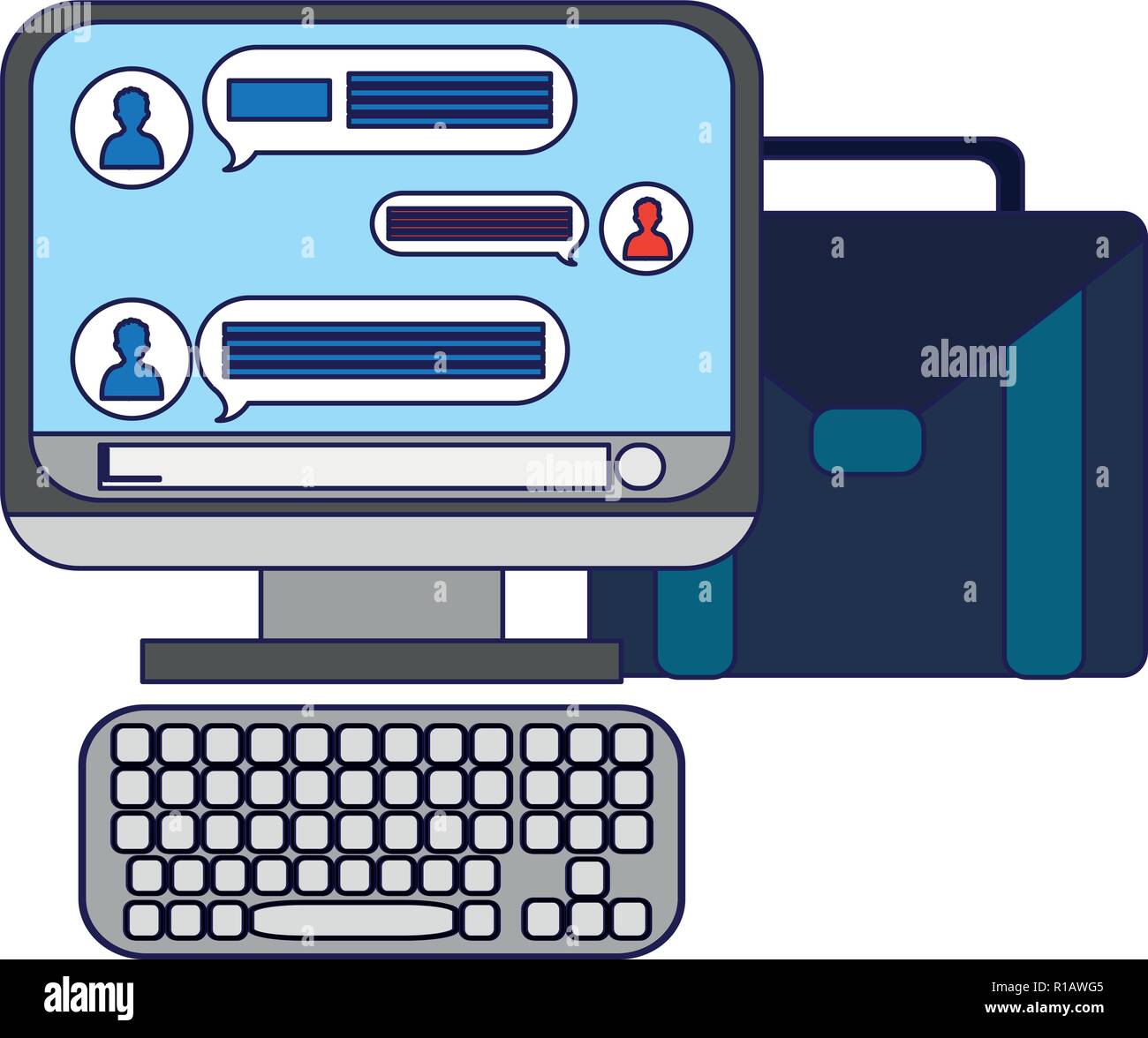 Computer business chat and briefcase blue lines vector illustration ...