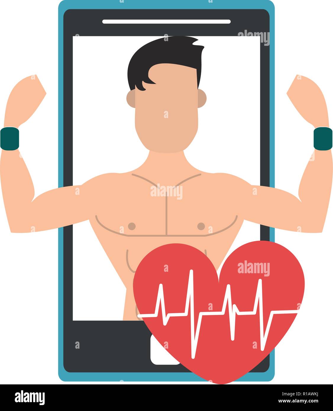 Man flexing muscular arms on smartphone with hearbeat symbol vector ...