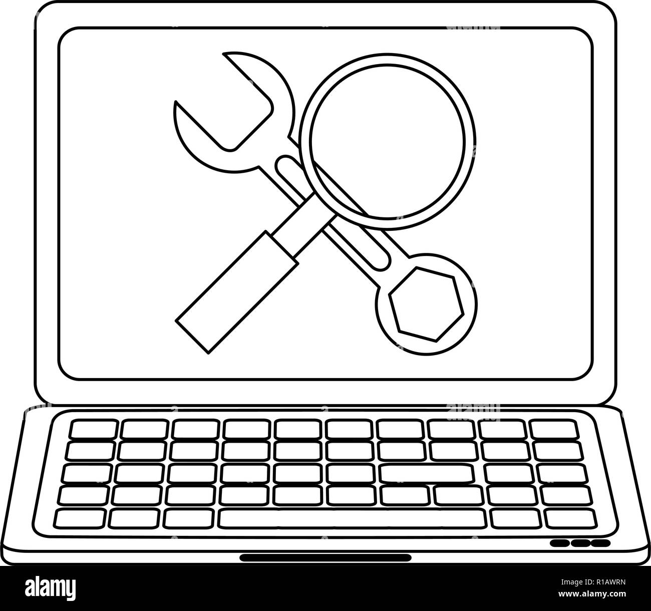 Laptop technical support symbol in black and white vector illustration ...