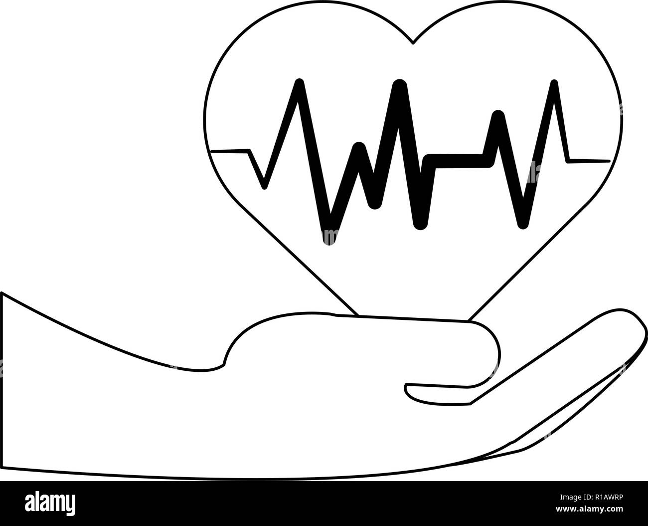 Hand holding heartbeat symbol in black and white vector illustration ...