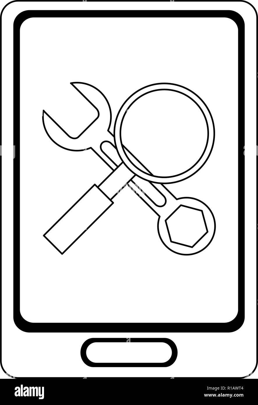 Smartphone technical support isolated in black and white vector illustration graphic design ...