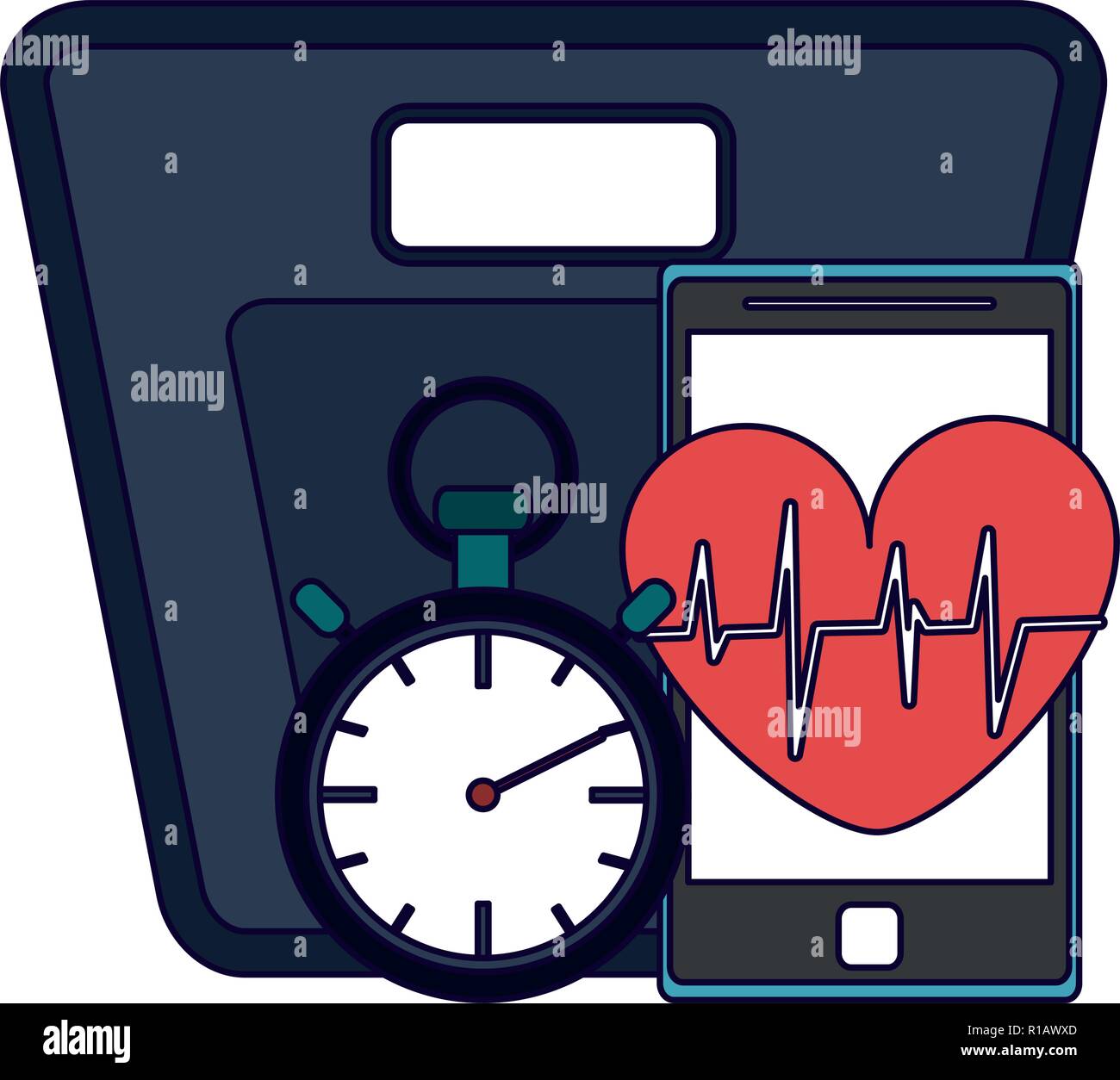 Gym balance timer and smartphone equipment and elements vector ...