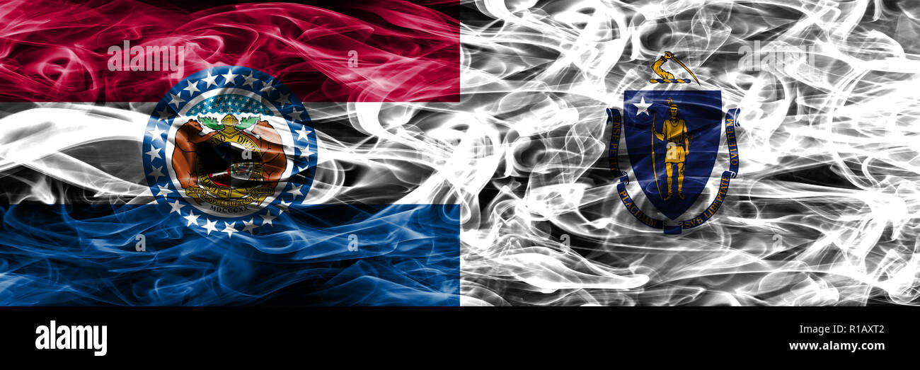 Missouri vs Massachusetts colorful concept smoke flags placed side by ...